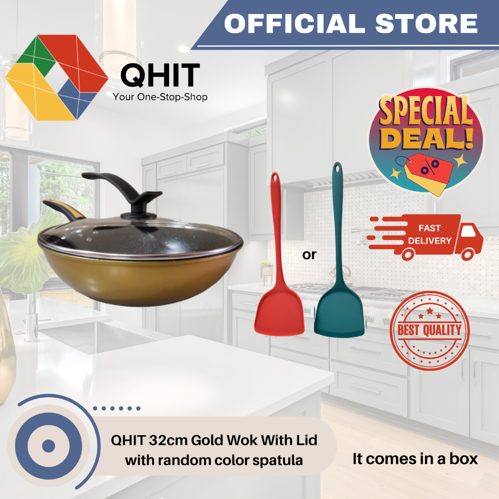 QHIT 32cm Gold Wok with Lid with red or green spatula Korean Non Stick ...
