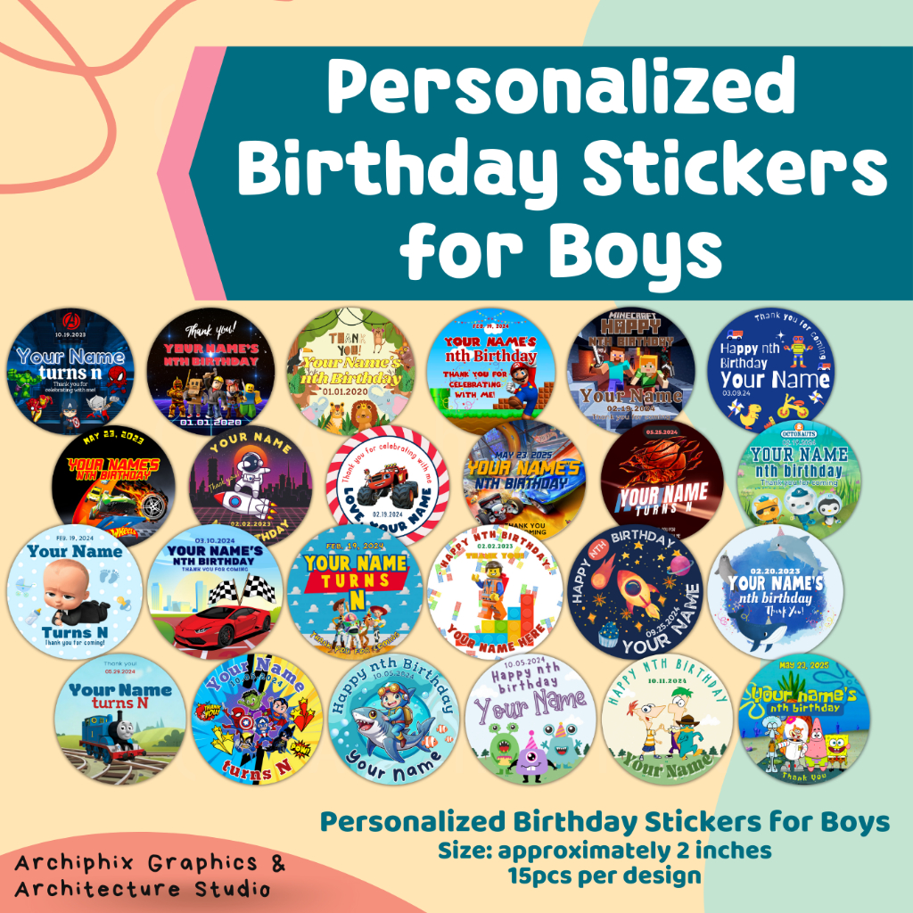 Personalized Birthday Party Stickers for Boys by Archiphix (15 pcs ...