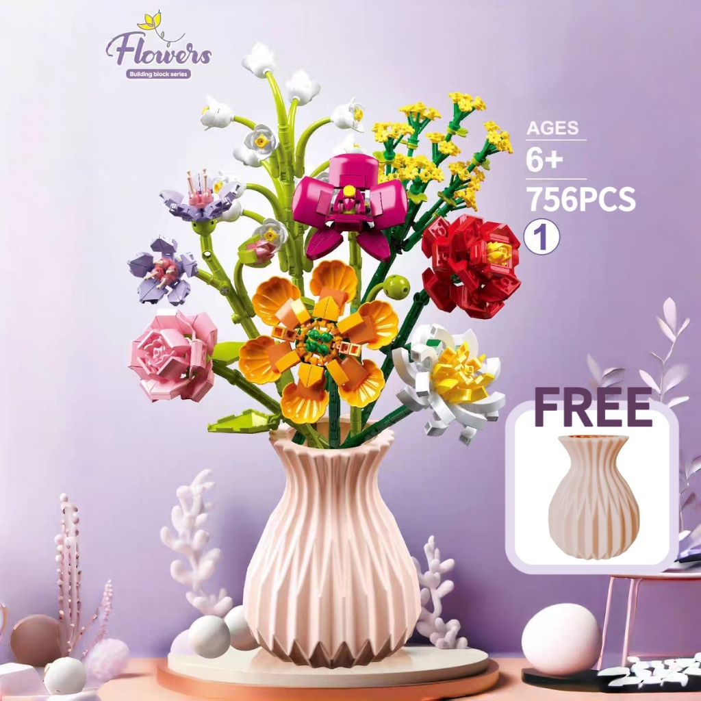 Building Block Flower Bouquet with a vase Birthday and Valentine's Day ...