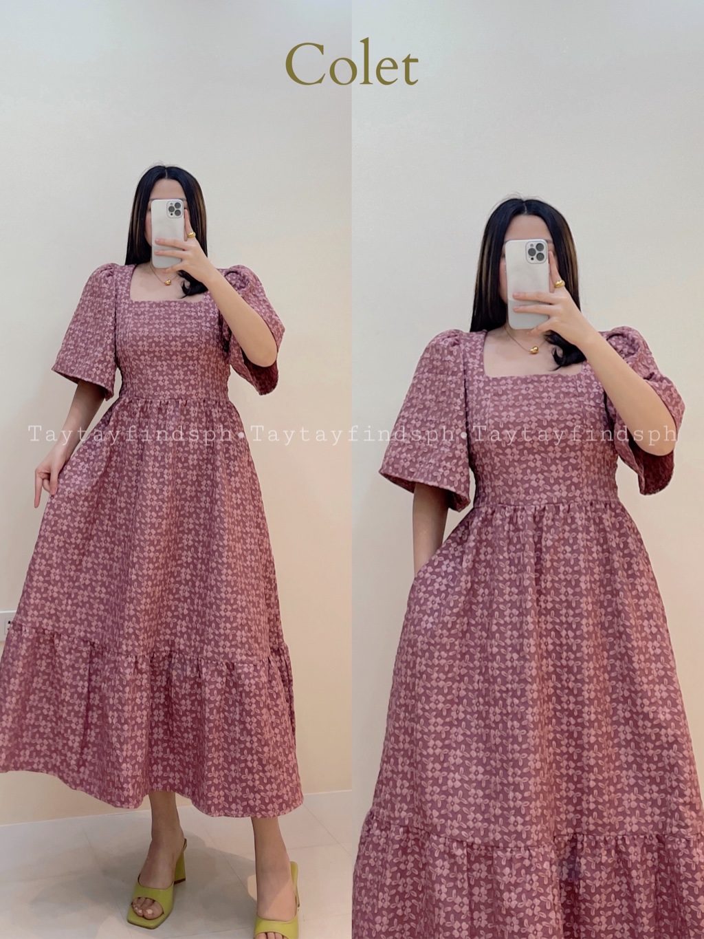 COLET SQUARE NECK BIG SLEEVE EMBOSSED DRESS | taytayfindsph | Shopee ...