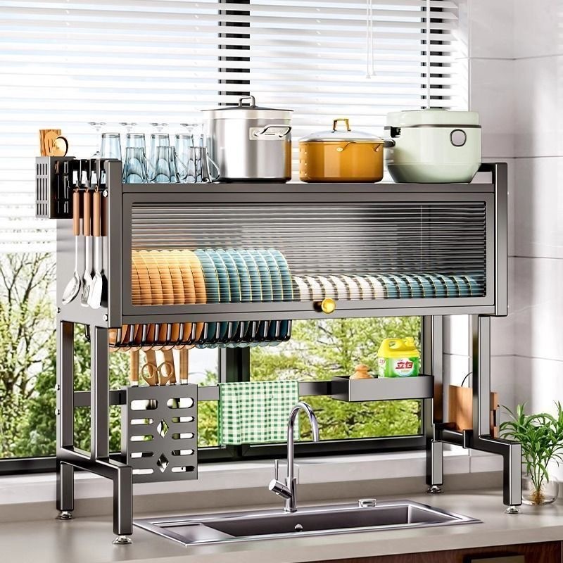 Dish Cabinet Rack With Cover Plate Sink Organizer Drainer Kitchen Multi ...