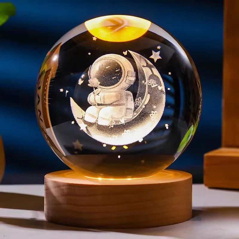 3D Lamp Crystal Ball USB Night Light Table Light With Wooden Base ...