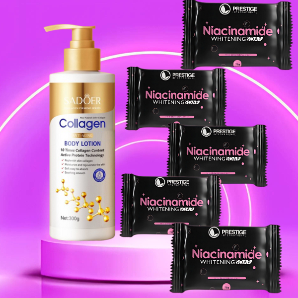 SADOER Collagen BODY LOTION 300g + 5pcs PRESTIGE Niacinamide White Soap ...