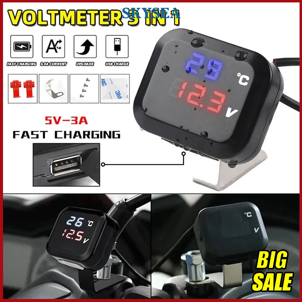 Motorcycle 3 in 1 Voltmeter Thermometer 12V Digital Led Display With ...