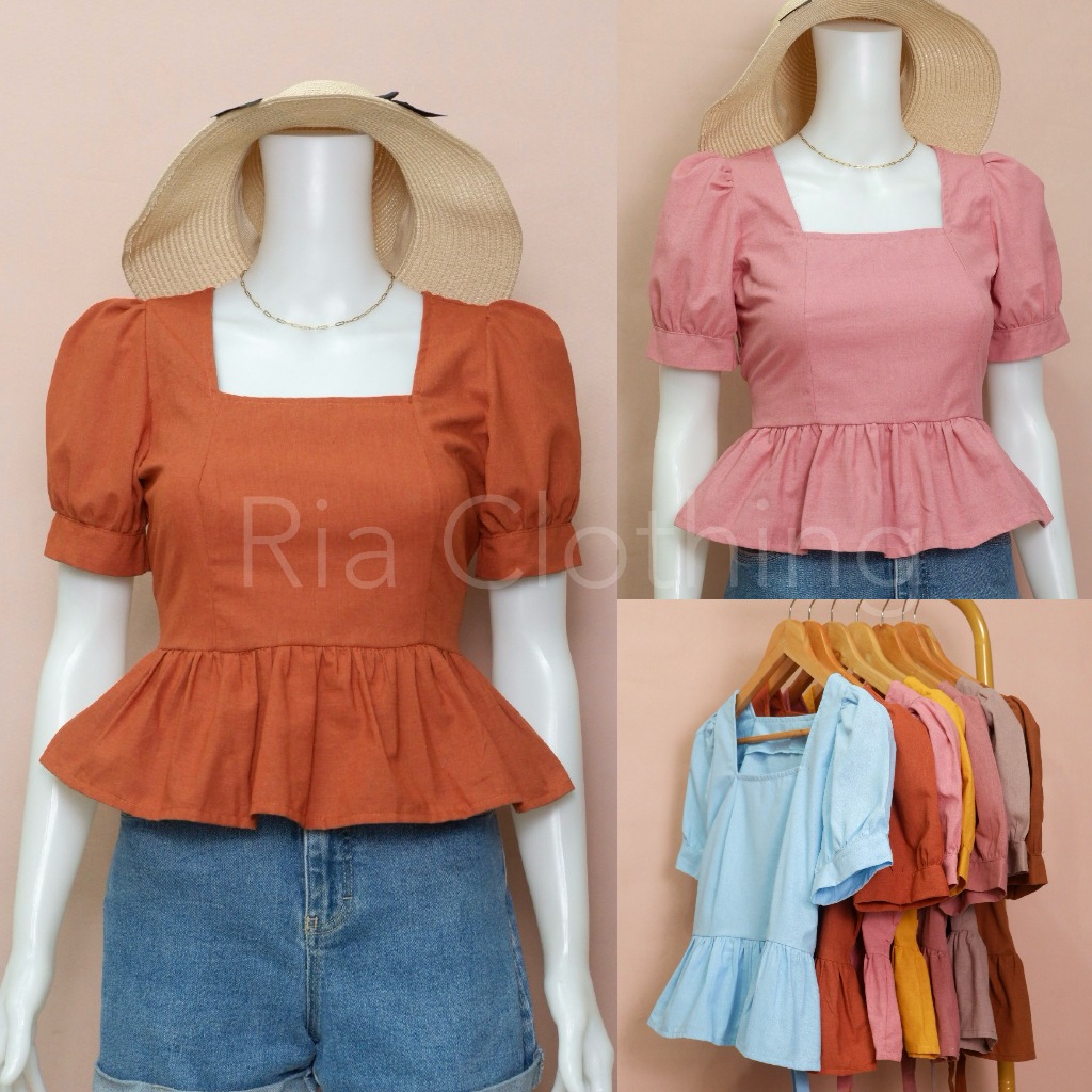 SARAH Squareneck PuffSleeves Peplum Blouse Trendy Top for Women Korean ...