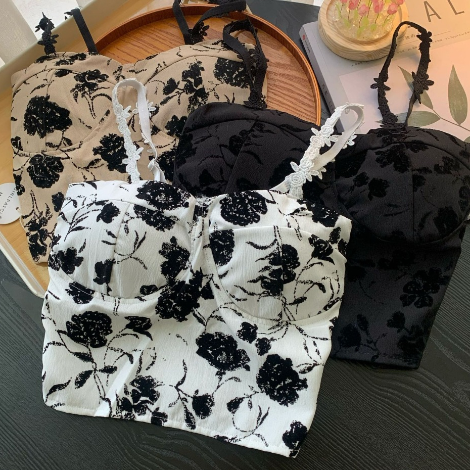 Chic Floral Print Tanks Top Korean Fashion Camis Basic Slim with padded ...