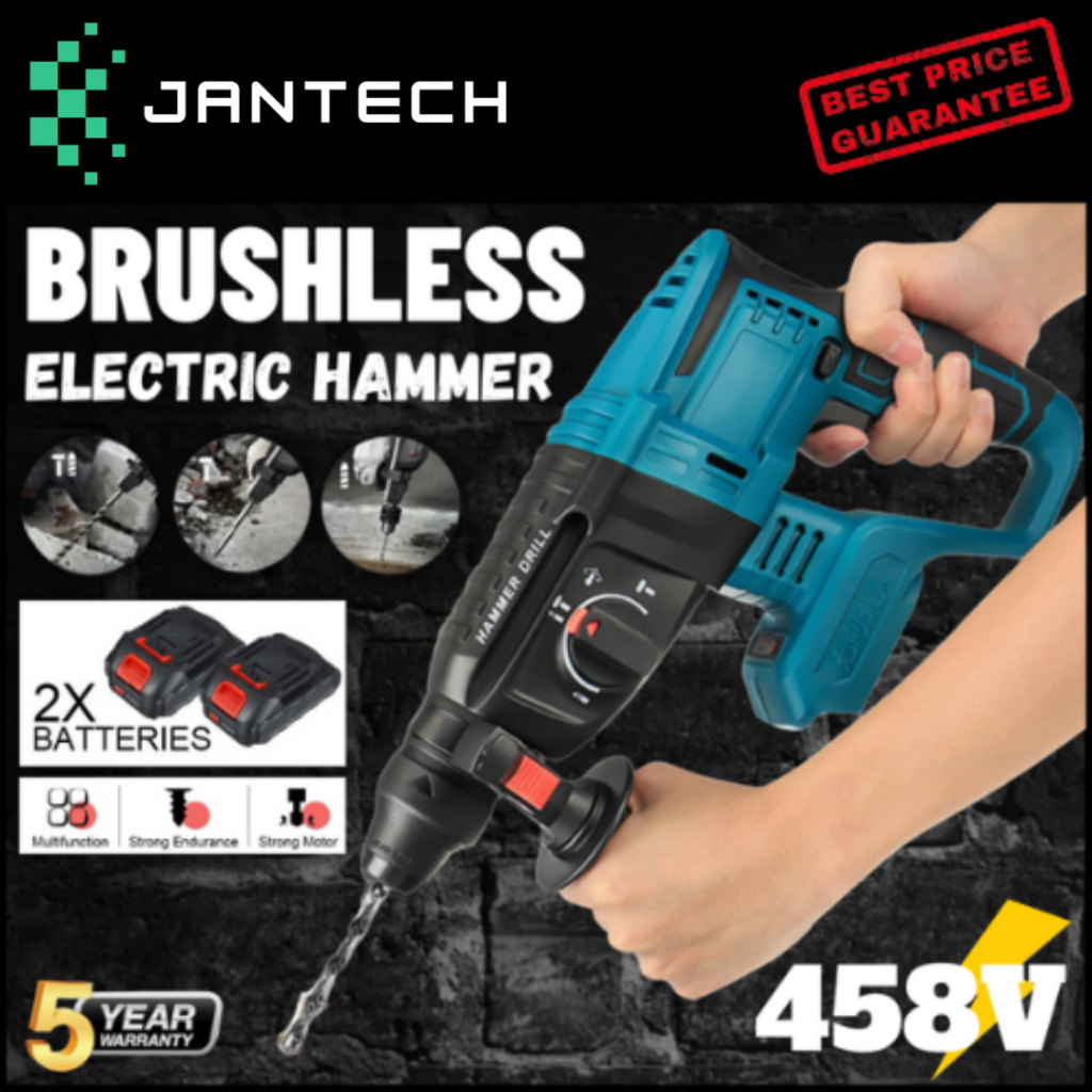 JANTECH 458V Brushless Heavy Duty Rotary Hammer Drill Cordless Impact Drill 4Function Demolition ...
