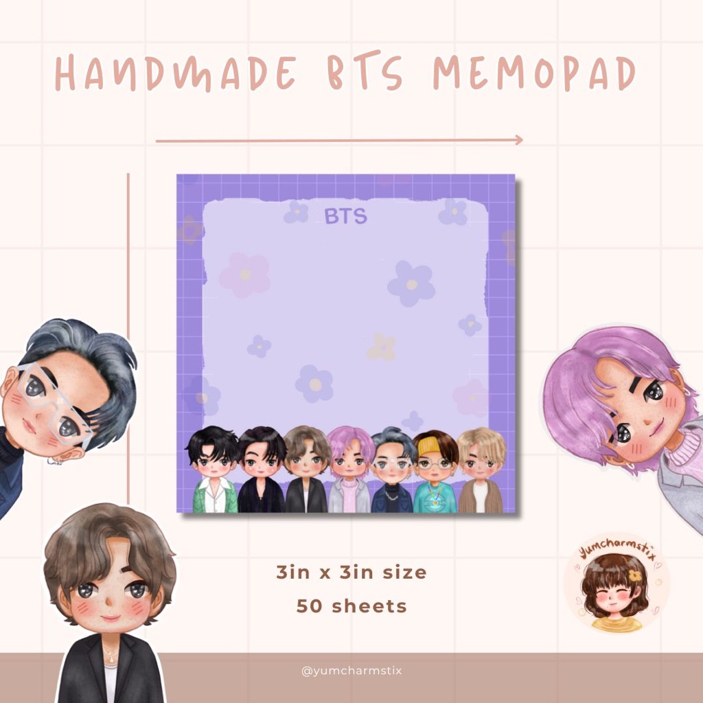 Handmade BTS fan art inspired Memo pad, Handmade BTS Memopad, BTS k-pop ...