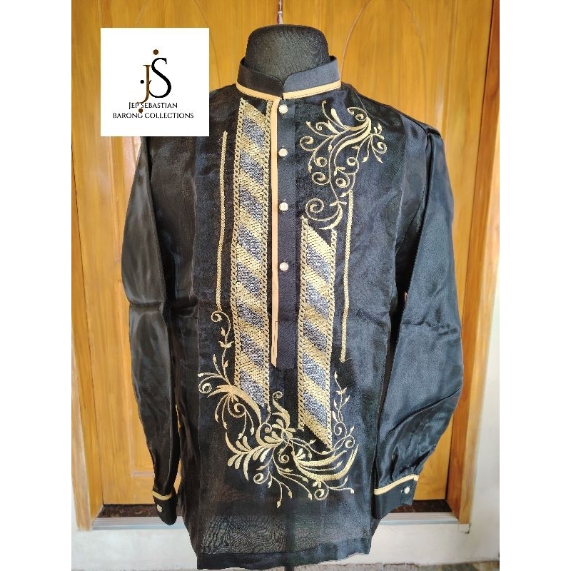 Modern Black Barong Tagalog (Golden Embroidery) with lining and piping ...