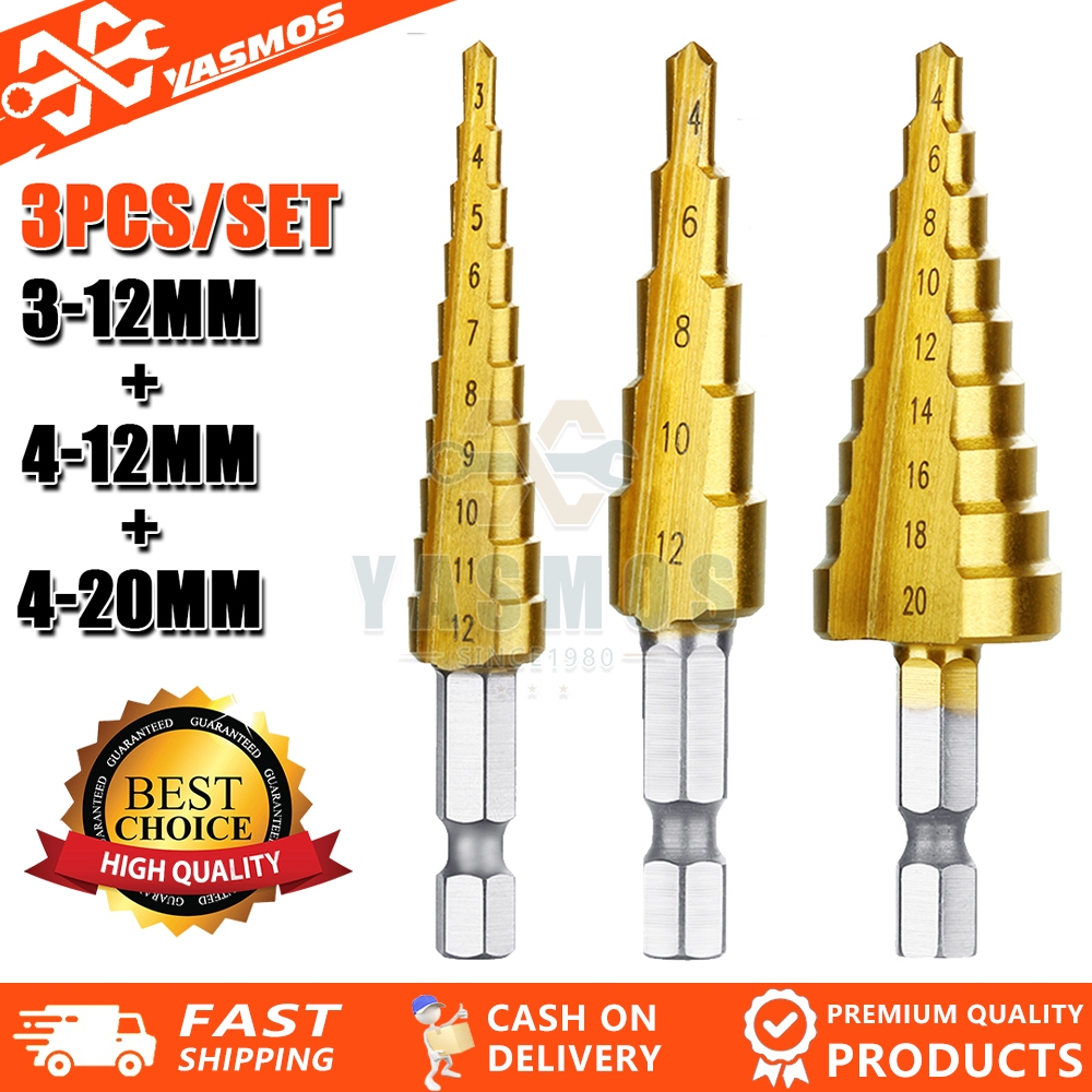 3PCS Step Dril Bit Set HSS Titanium Step Drill Bit Steel Titanium Hex ...