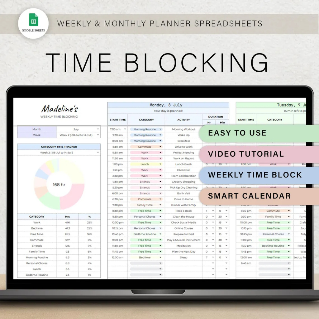 Digital Planner, Weekly Time Blocking Planner Spreadsheet 24 Hour ...