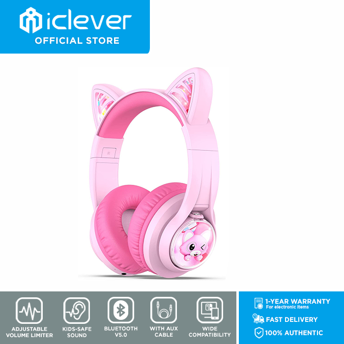 iClever Cat Ear Kids Bluetooth Headphones,LED Lights Up,74/85/94dBA Volume Limited,Portable Bag ...