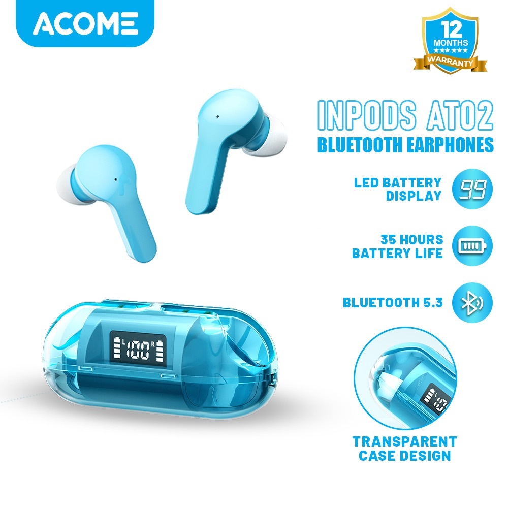 Acome AT02 5.3 Bluetooth Earphones Inpods Blue Transparent Design Smart ...