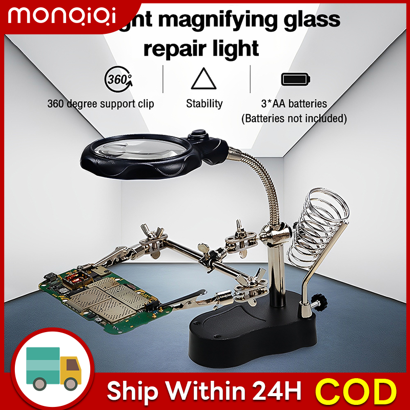 3.5X-12X Magnifying Soldering Iron Stand Lens with Aid Hand Clip LED ...