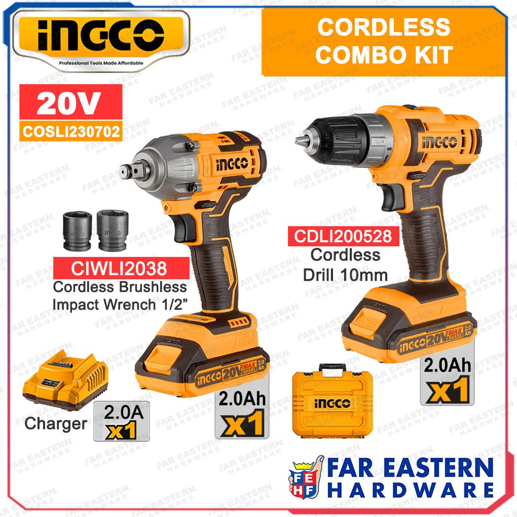 INGCO COMBO KIT Cordless Brushless Impact Wrench 1/2" + Drill 10mm 20V ...