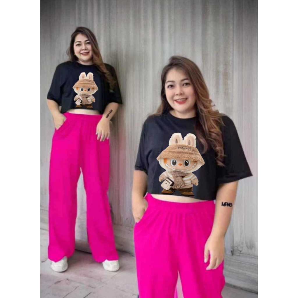 NEW TREND PLUS SIZE COORDS- CROP HANGING TOP BIG SIZE PAIR WIDE LEG PANTS PLUS SIZE BEST FIT LAR ...