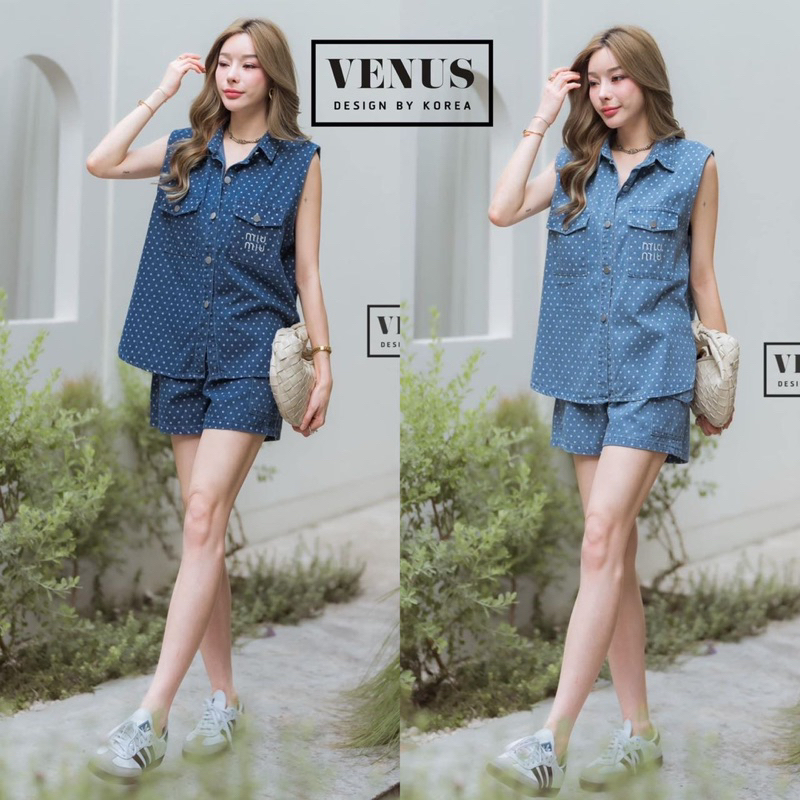 RRX Denim Sleeveless Polka Terno Short # 7698 | Shopee Philippines