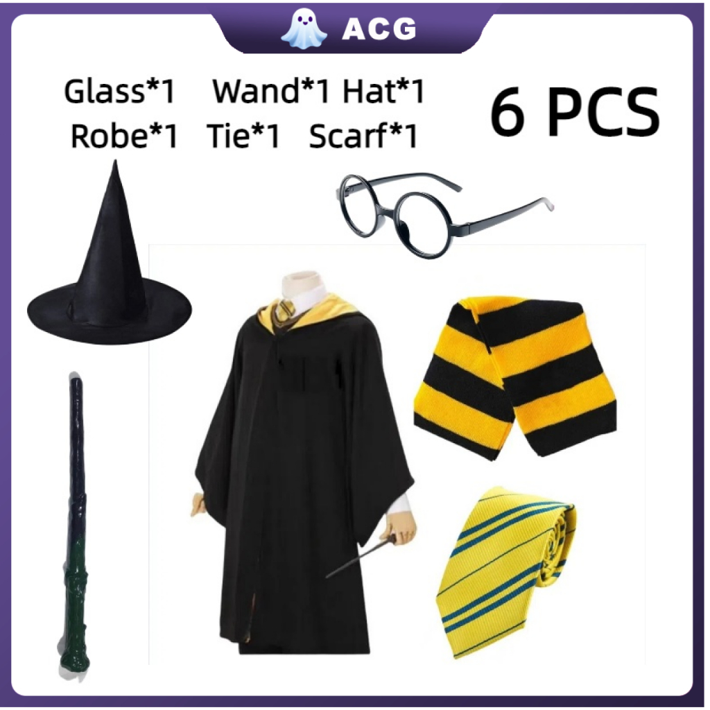 6PCS Magic Robe Costume Cosplay For Kids Adult School Uniform Wizard ...