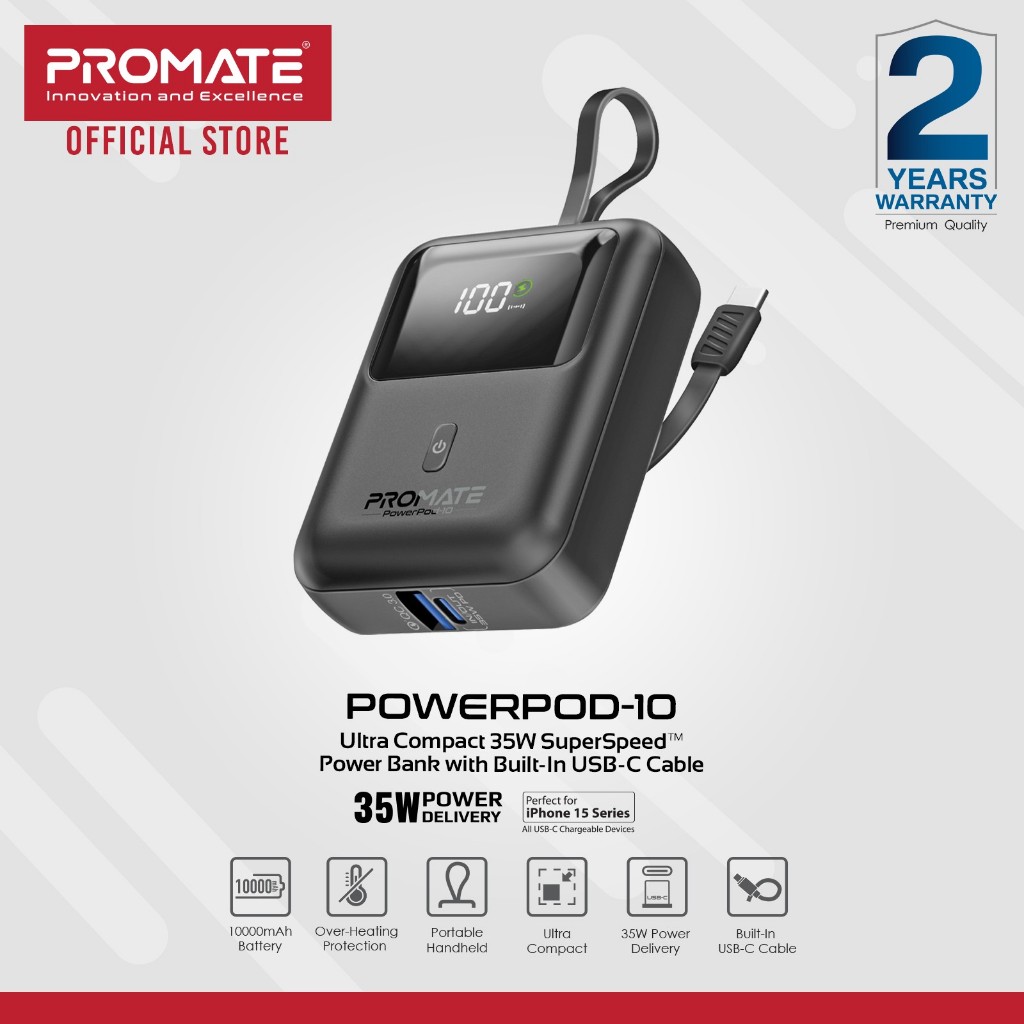 Promate Powerpod-10 10000mAh Ultra Compact 35W SuperSpeed™ Power Bank ...