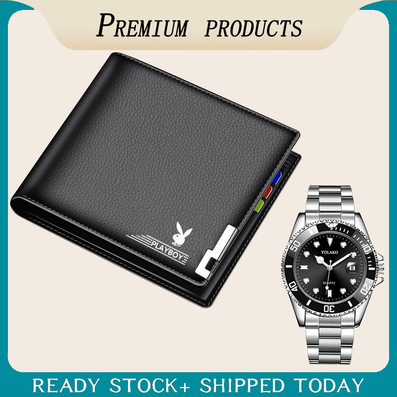 Men's high-end leather short wallet with metal edge decoration and ...