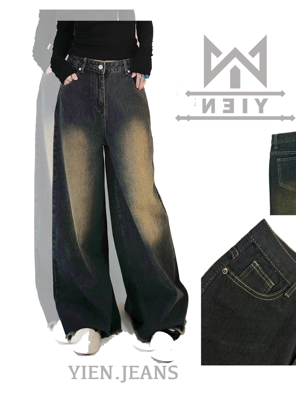 YIEN Korean extra wide denim Square Pants loose pants High waist jeans ...