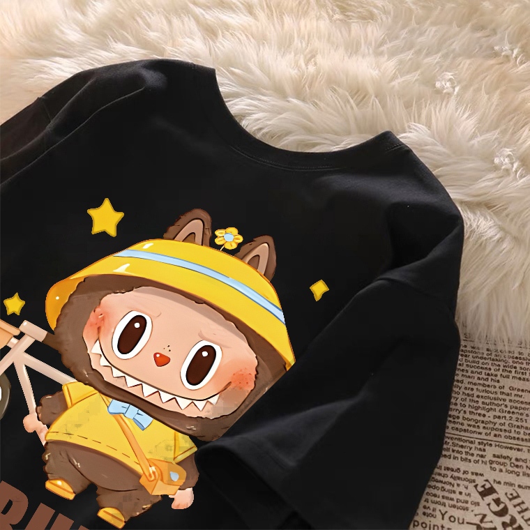 kids shirts Korean retro 100% cotton travel LABUBU print oversized T ...