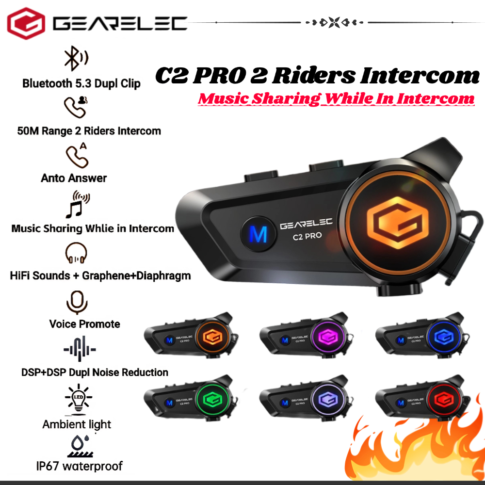 GEARELEC C2 Pro Motorcycle Helmet Intercom Headset 2 Riders For Music ...