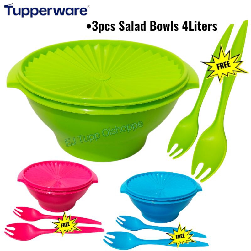 Original Tupperware 3pcs Salad Bowls 4L with FREE 6 Serving Forks ...