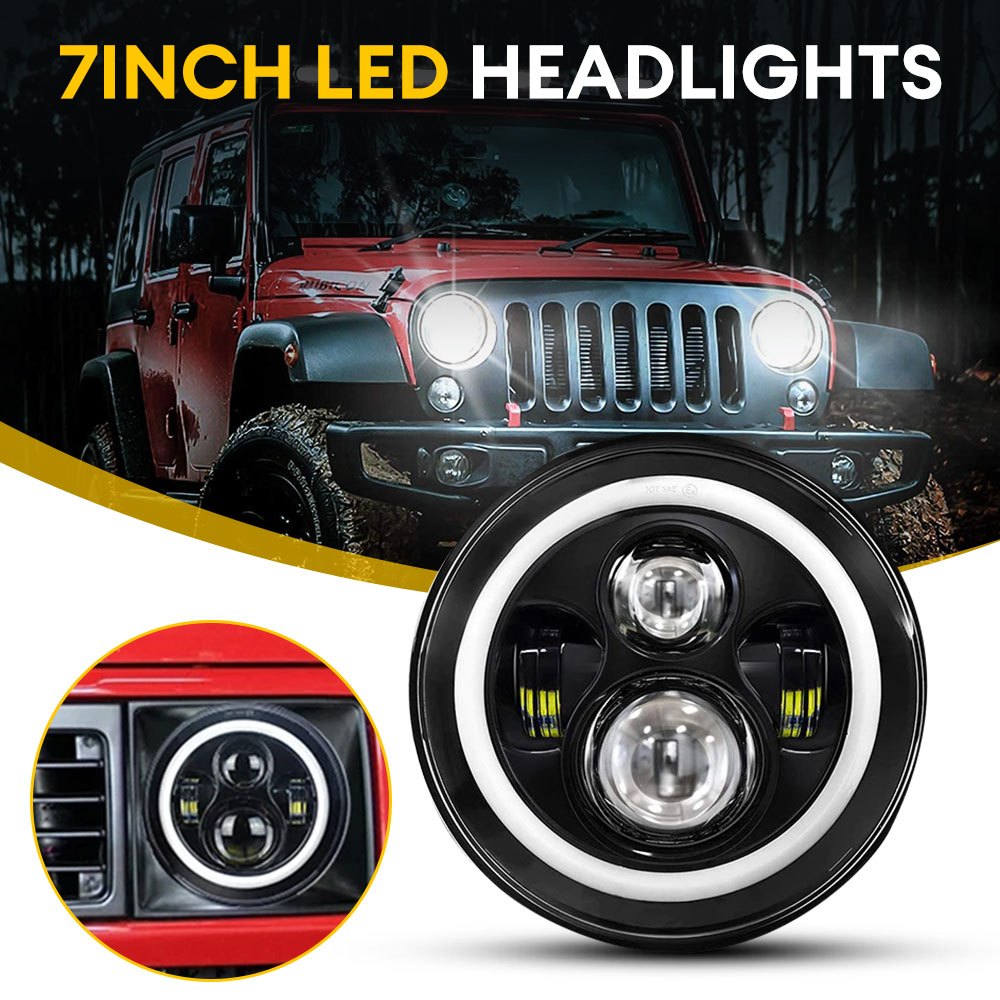 7Inch Car LED Headlights Motorcycle Light 60W Halo Ring Amber Angel Eye ...