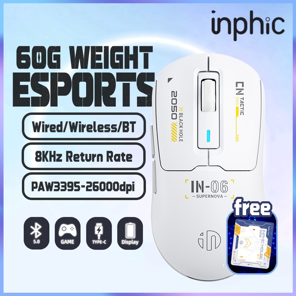 Inphic IN6 Gaming PAW3395 Wired/Wireless/Bluetooth Mouse 26K DPI 8000Hz ...