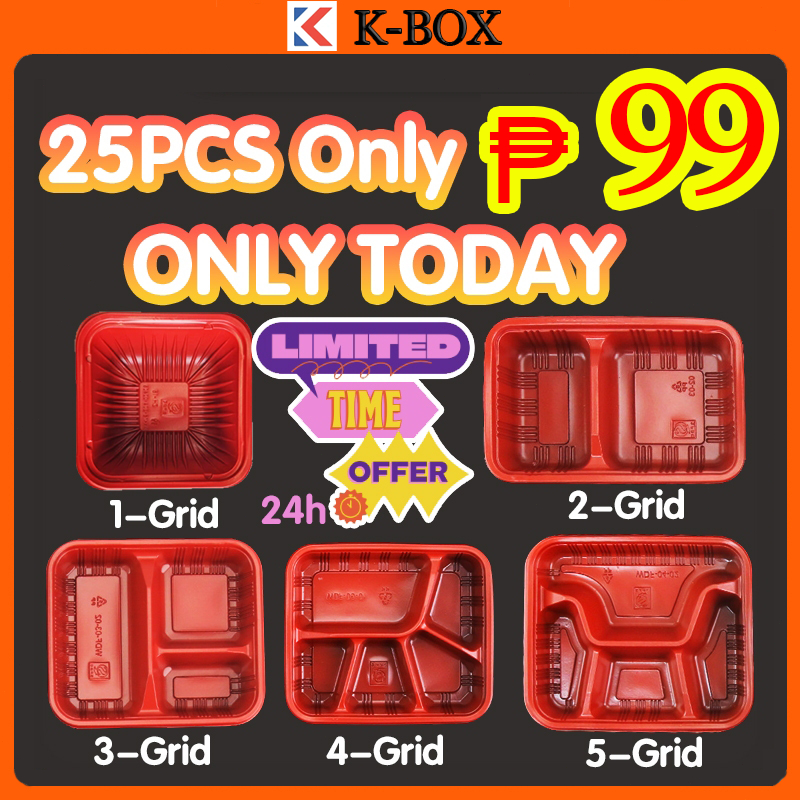 COD (25PCS) Red Bento Box With Back Cover 1/2/3/4/5 Grid Partition ...
