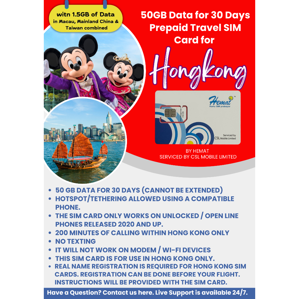Hongkong 50GB Data for 30 Days SIM Card by Hemat | Shopee Philippines