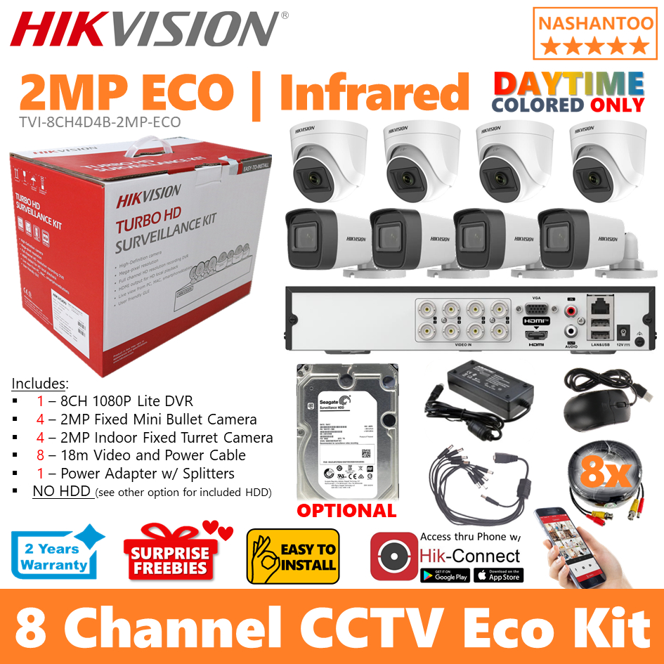 HIKVISION TVI-8CH4D4B-2MP-ECO 8Channel 2MP IR CCTV Package Kit [8 Camera, 8CH DVR, accessories ...
