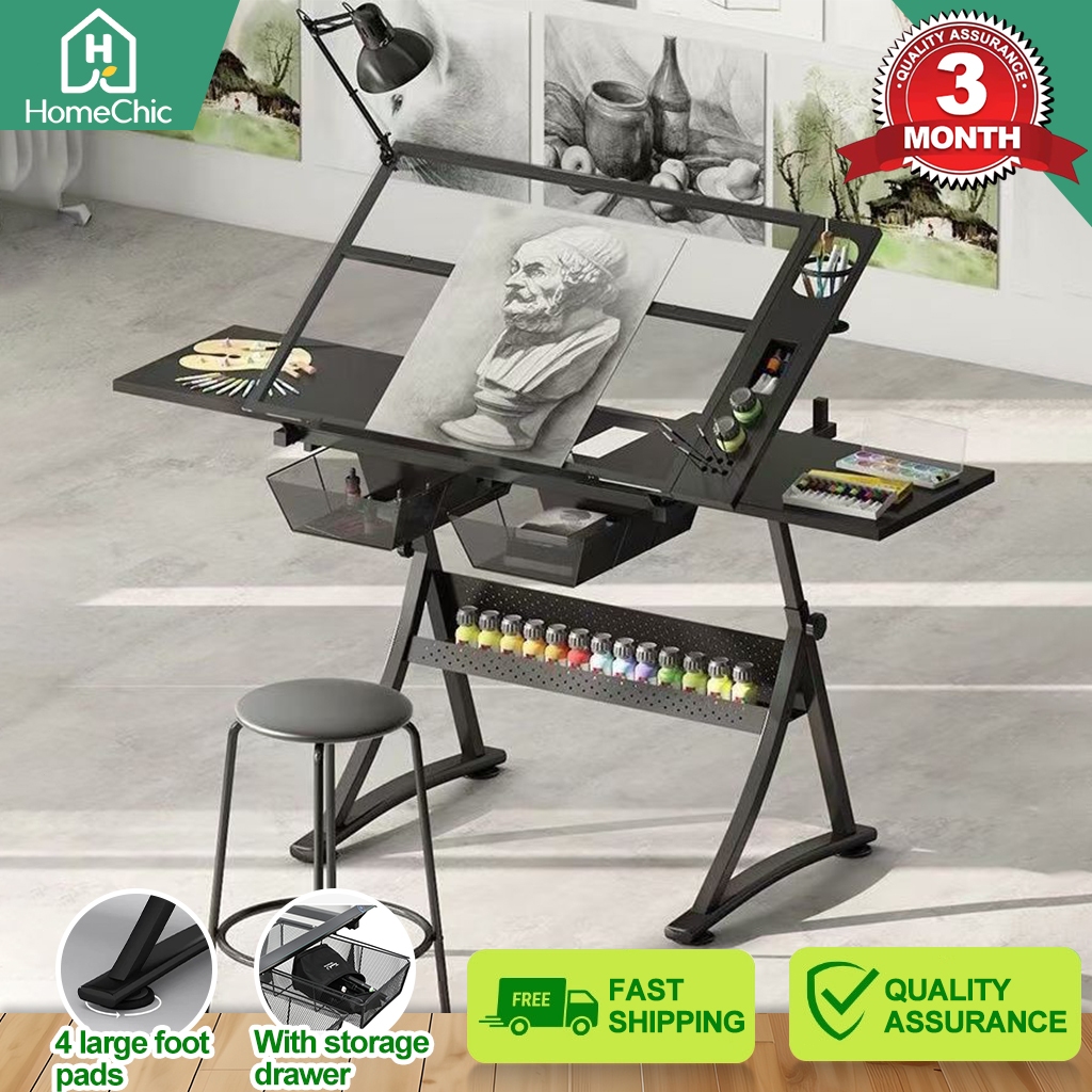 Leather bench and additional side table drawers, drafting glass table ...