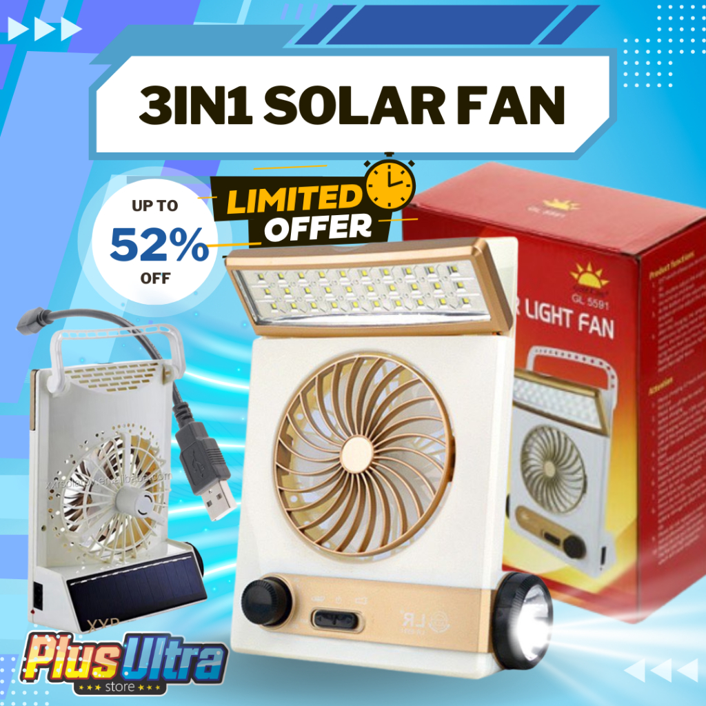 3in1 Rechargeable Emergency Solar Light Fan Flashlight | Shopee Philippines