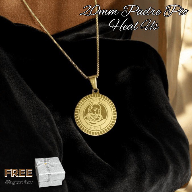 20mm Padre Pio Heal Us Stainless Steel Pendant on Dainty Spiga Chain ...