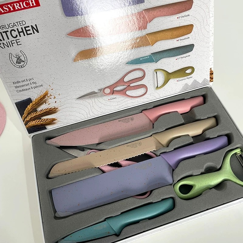 6PCS Kitchen Knife Set Colorful Stainless Steel Cleaver Scissor Kitchen ...