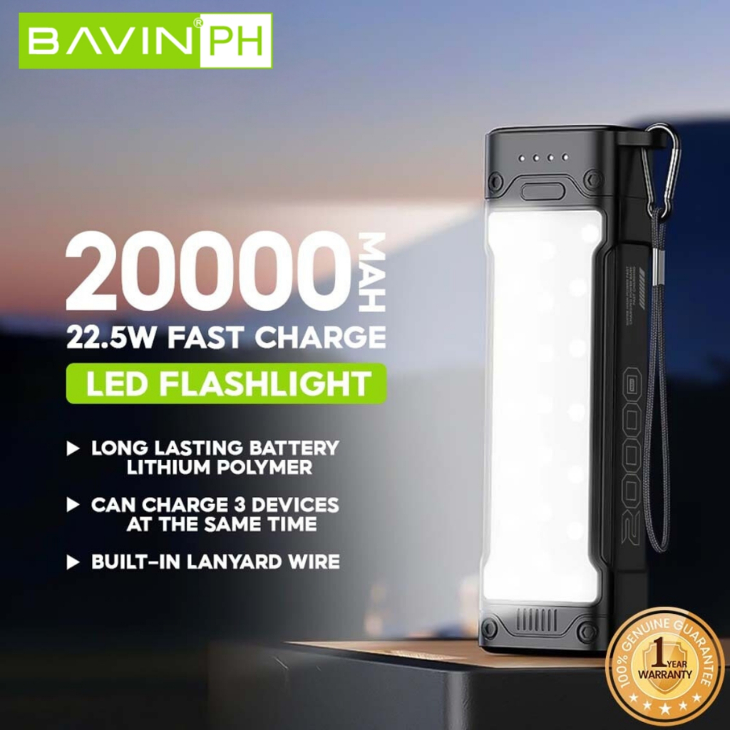 BAVIN PC1002 20000mAh 22.5W Powerbank Fast Charging Portable Built-In Dual USB TYPE-C & Flash ...