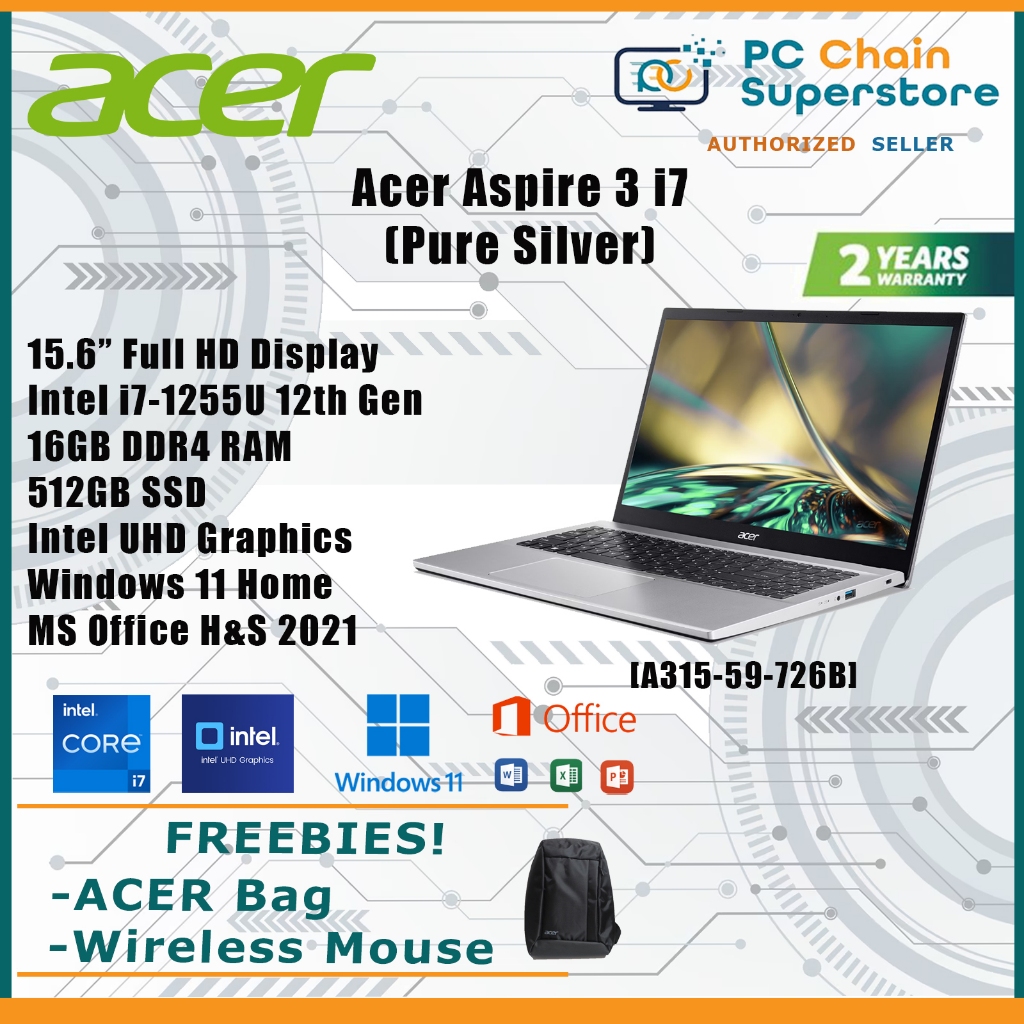 Acer Aspire 3 A315-59-726B Pure Silver Laptop - 15.6" FHD / Intel i7 ...