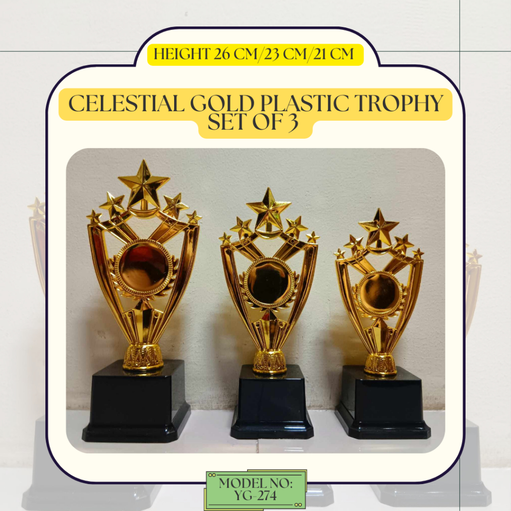 Universal Plastic Gold Trophy Set Of 3 Height 26 cm/23 cm/21 cm ( YG-274)( Customize Available ...