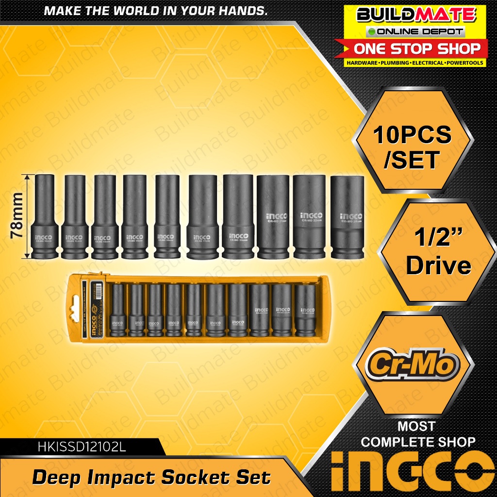 INGCO 1/2" Drive Deep Impact Socket 10PCS/SET HKISSD12102L •BUILDMATE ...