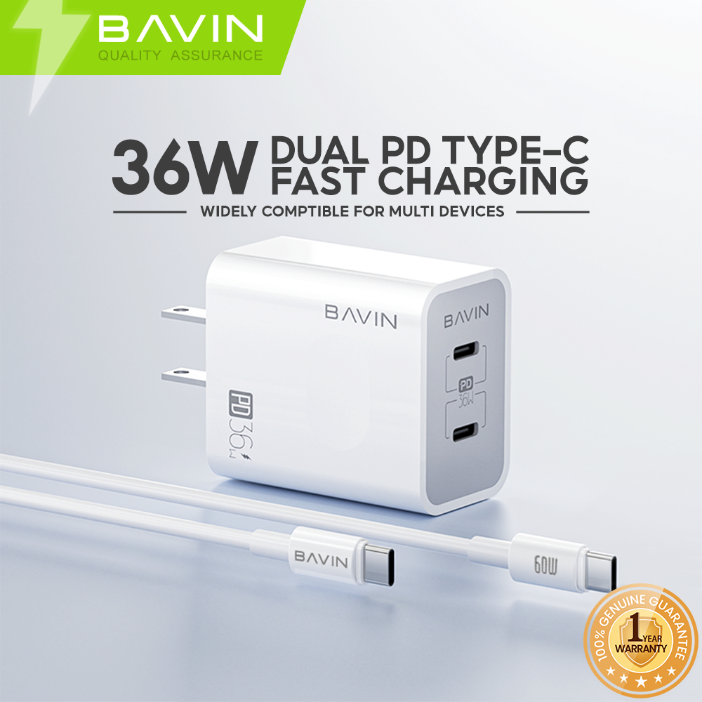 BAVIN PC859 36W Fast Charging Dual Port PD + QC3.0 w/ 1M Data Cable Widely for Laptop Supports ...