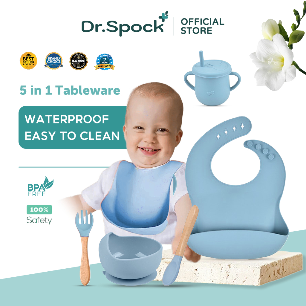 Dr.Spock 5Pcs/Set Silicone Baby Feeding Set Silicone Bib Bowl with ...