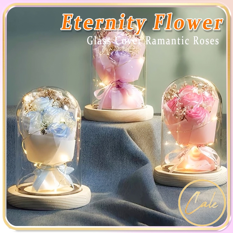 Artificial Rose Flower Glass Cover Dome Eternal Rose Flower Bouquet LED ...
