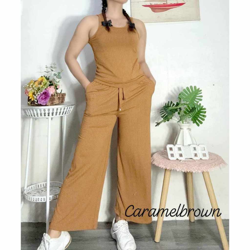 Plain Knitted Women's Sando Sleeveless and Squarepants Terno Set with 2 ...
