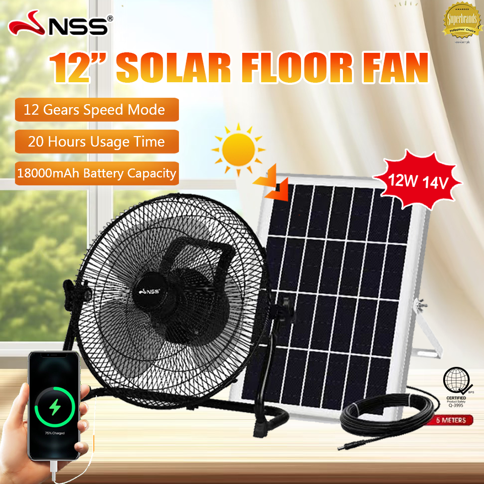 NSS 12 14 16 Inch Solar Floor Fan With Panel Rechargeable Solar Powered ...