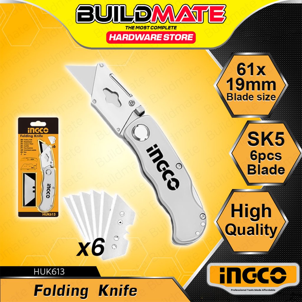 BUILDMATE Ingco Folding Knife 61mm x 19mm Compact Foldable Pocket Knives With 6pcs SK5 Blades ...