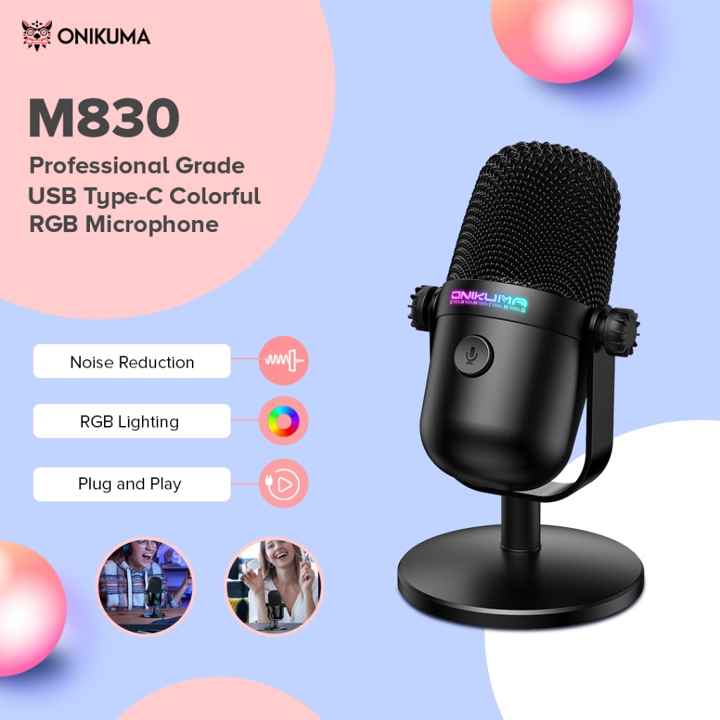 Onikuma M830 Colorful RGB USB Microphone with One Click Mute Button Desktop Mic Wired Mic for PC ...