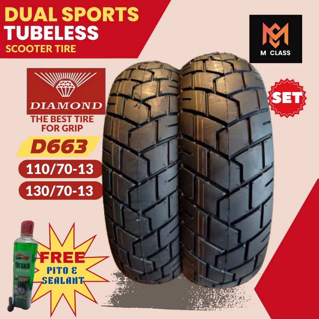 SET R13 D663 DIAMOND DUAL SPORTS TUBELESS TIRE FOR NMAX, KRV,RAPID 150, RFI175 -130/70-13; 110/ ...