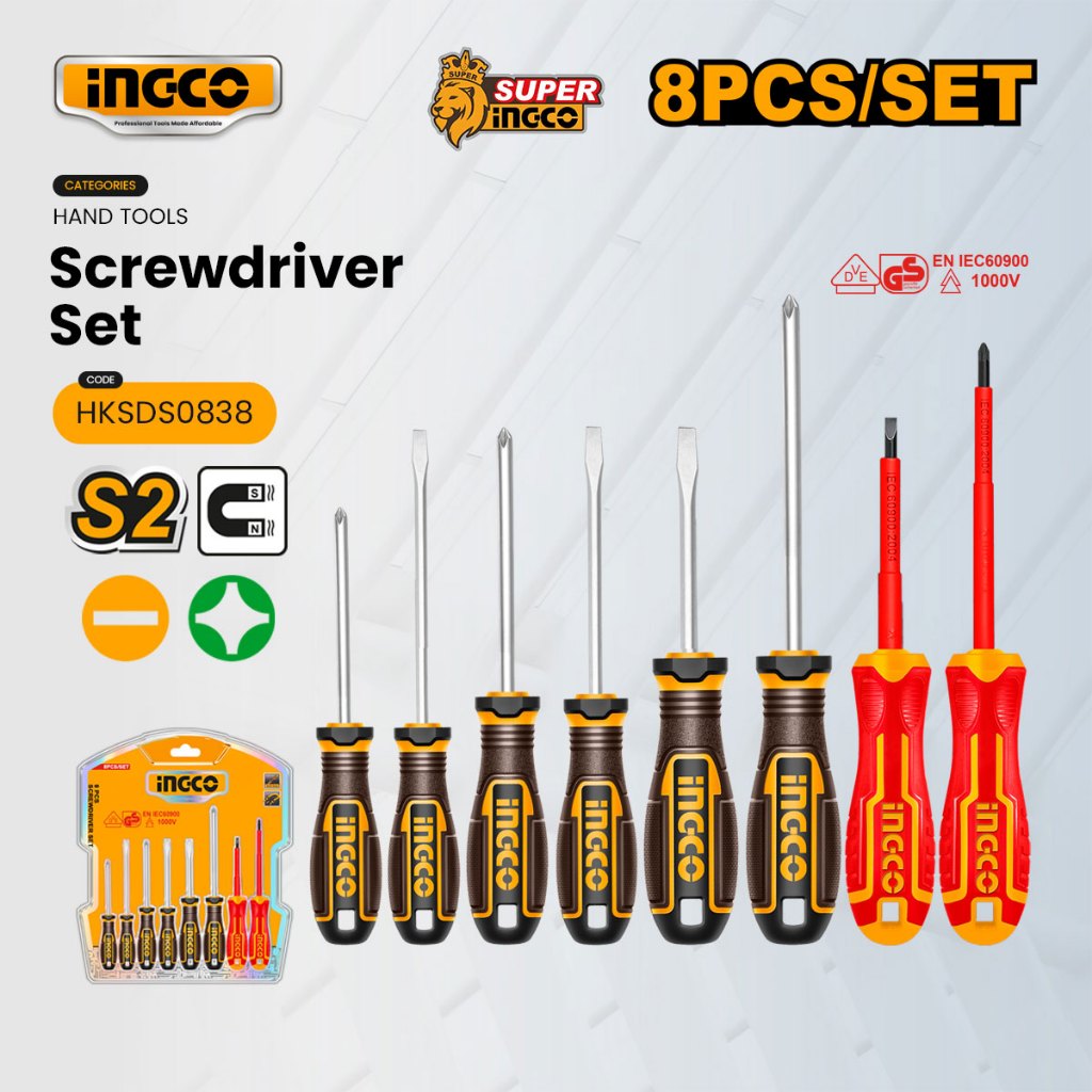 Ingco 8pcs S2 Standard & Insulated Screwdriver Set Slotted/Phillips Household Tool Repair Kit ...